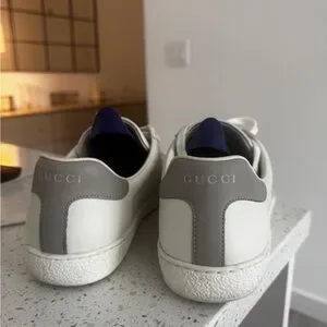 Gucci | Shoes | Gucci White Leather Sneaker With Navy Heel Tab | Poshmark